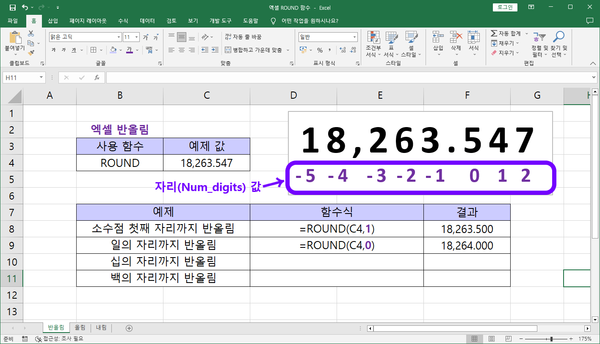 엑셀 반올림 소수점 버림 올림 ROUND 함수 알아보기